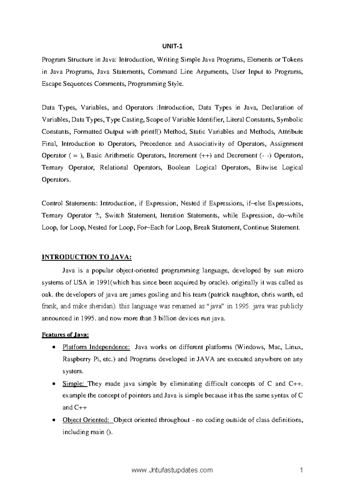 Java R20 - UNIT-1 - This pdf is useful for r20 regulation - Program Structure in Java ...