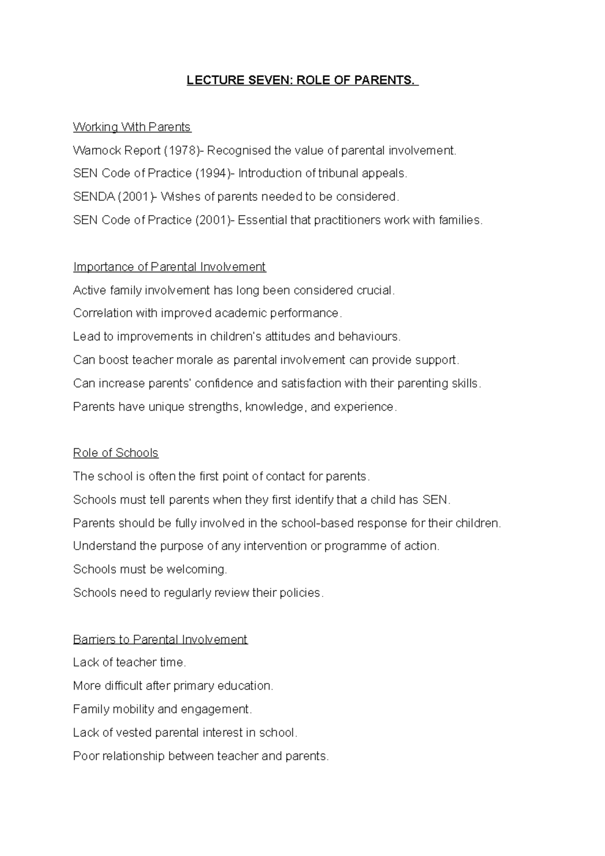 Lecture 7- Role of Parents - LECTURE SEVEN: ROLE OF PARENTS. Working ...