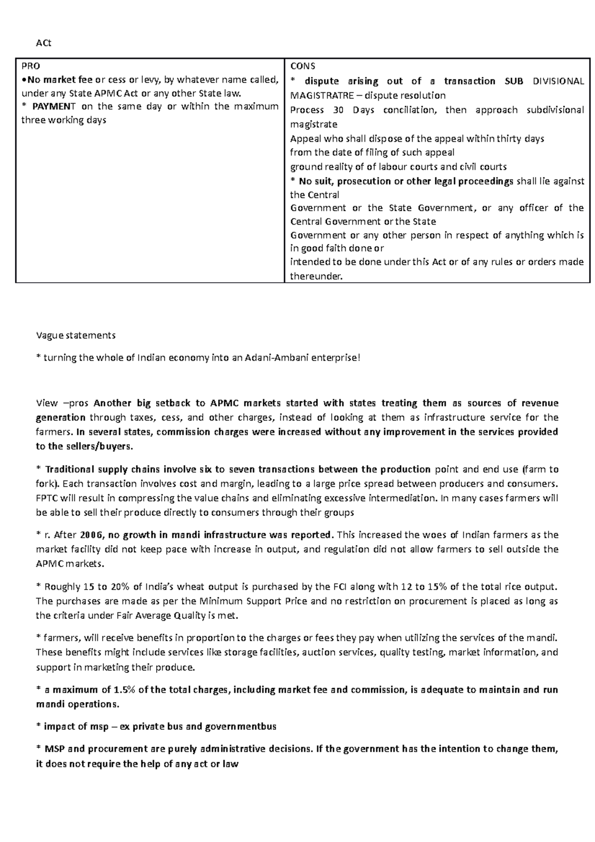FARM BILL - DISCUSSION PAPER - ACt PRO • No market fee or cess or levy ...