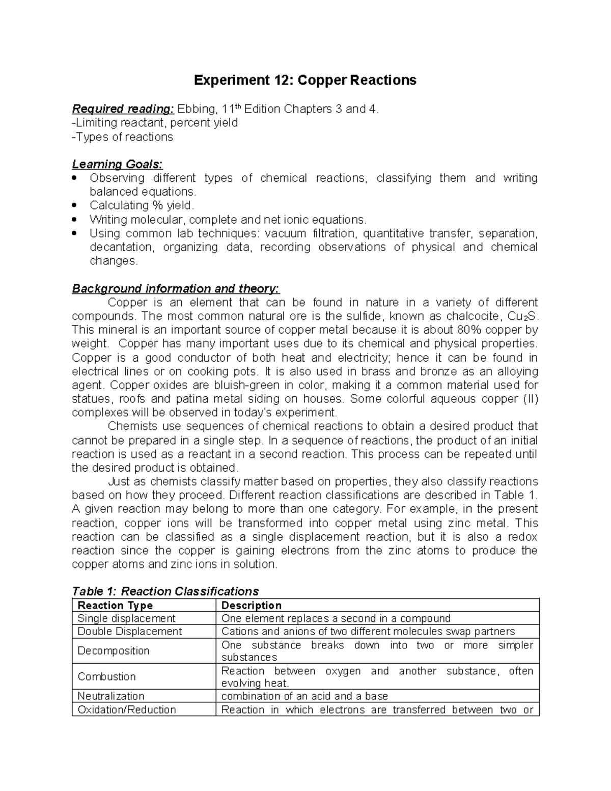 Experiment 12- Copper Reactions - Experiment 12: Copper Reactions ...