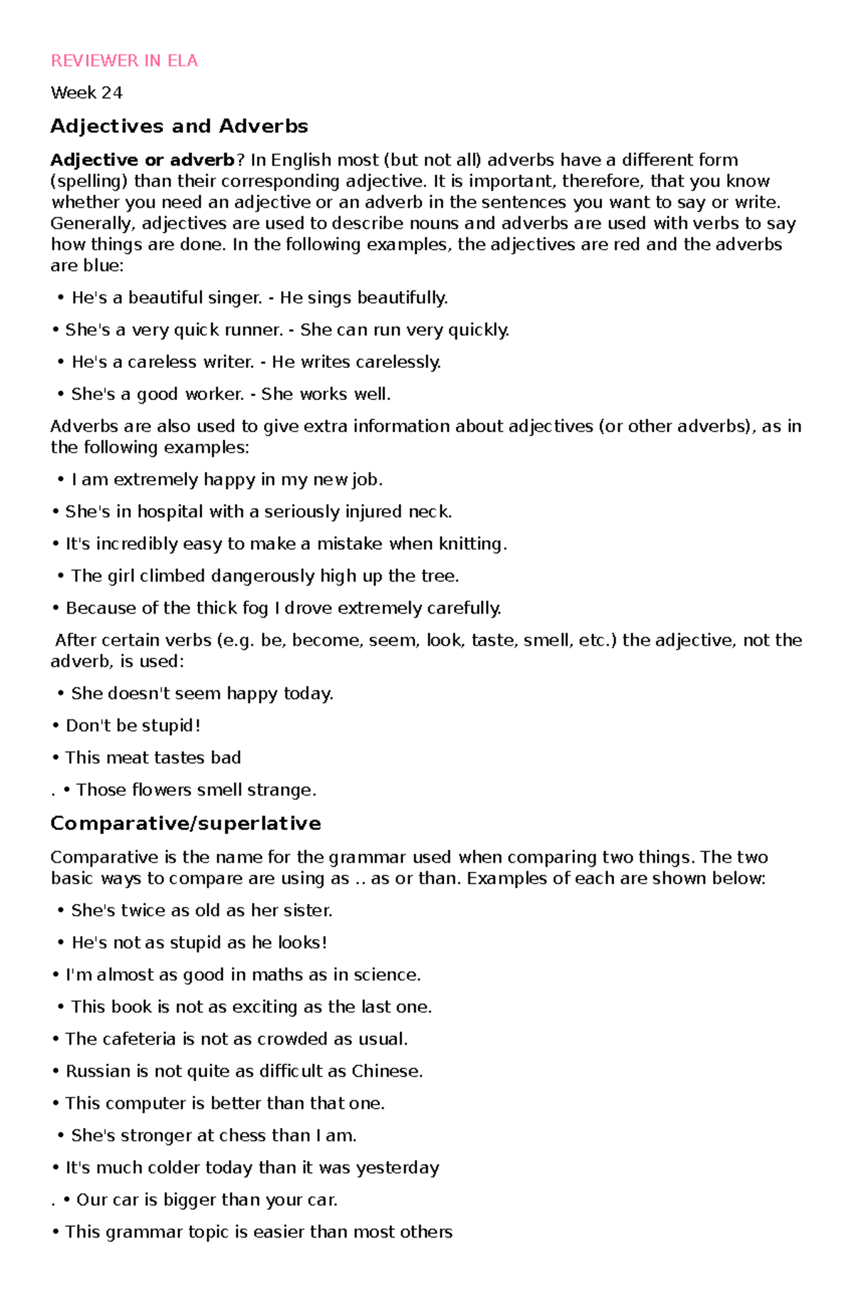 Reviewer IN ELA - REVIEWER IN ELA Week 24 Adjectives and Adverbs ...
