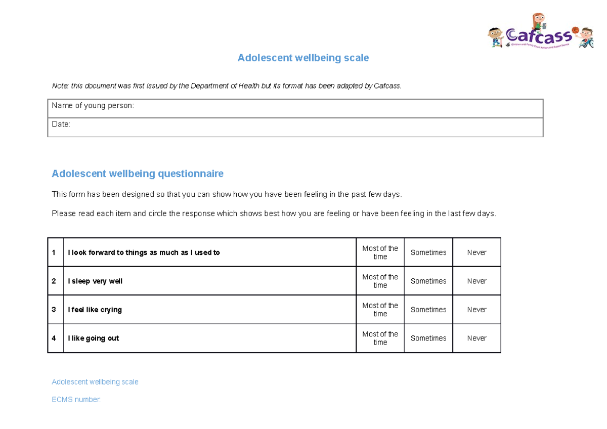 Tool for adolescent wellbeing - Adolescent wellbeing scale Note: this ...