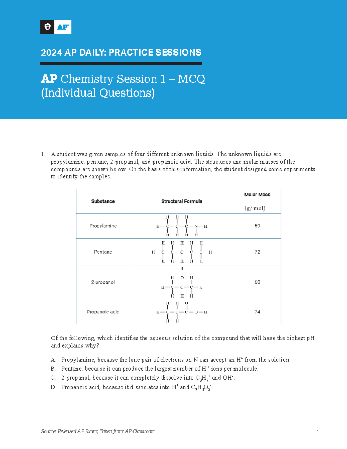 AP Chemistry Session 1 Worksheet - Source: Released AP Exam; Taken from ...