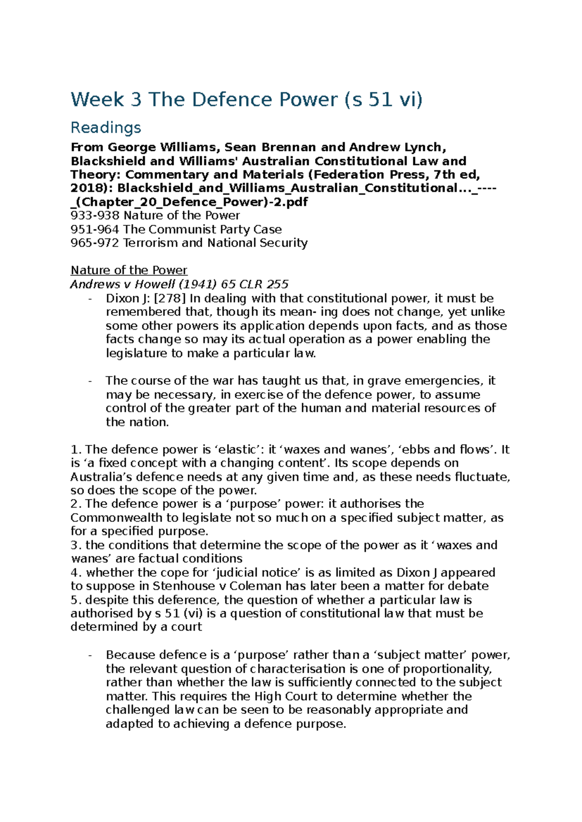 Consti Week 3 The Defence Power - Week 3 The Defence Power (s 51 vi ...