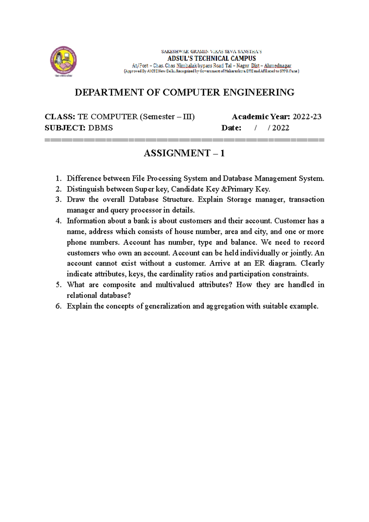 DBMS Assig 1 - DEPARTMENT OF COMPUTER ENGINEERING CLASS: TE COMPUTER (Semester – III) Academic ...