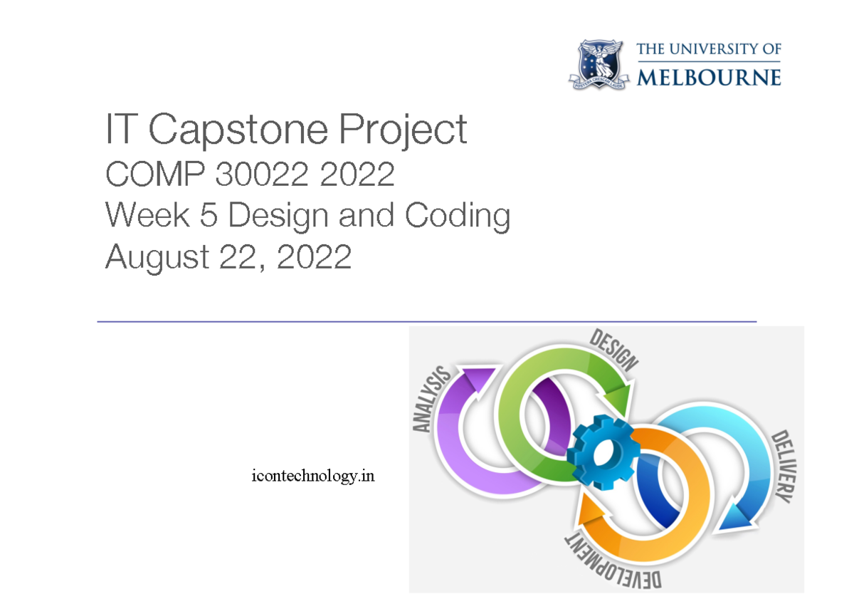 Lecture 5.1 Design and Coding - IT Capstone Project COMP 30022 2022 Week 5 Design and Coding ...