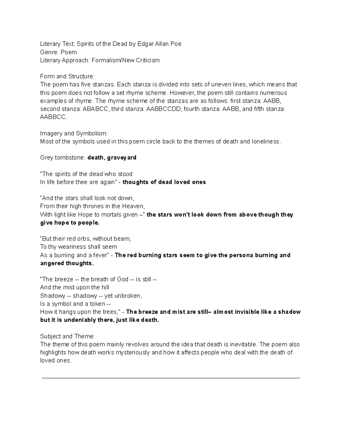 Draft of Literary Analysis Paper - Literary Text: Spirits of the Dead ...