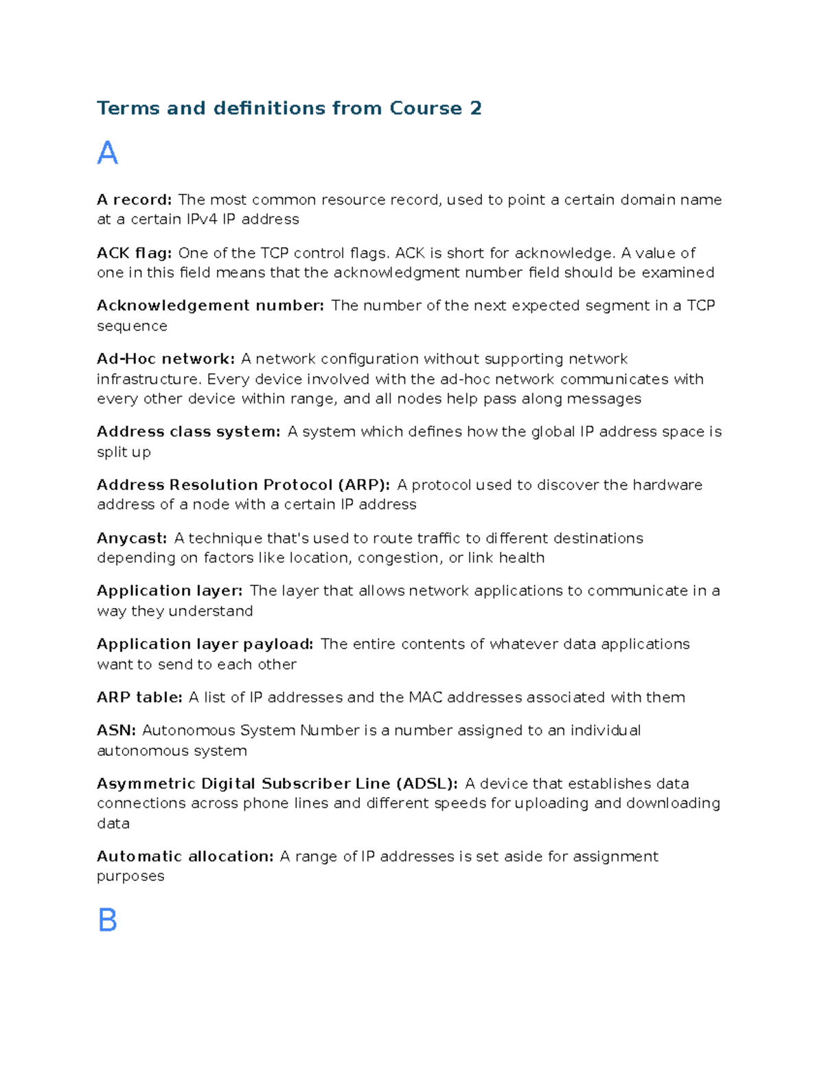 Coursera Bits and Bytes of Computer Networking Complete Glossary ...
