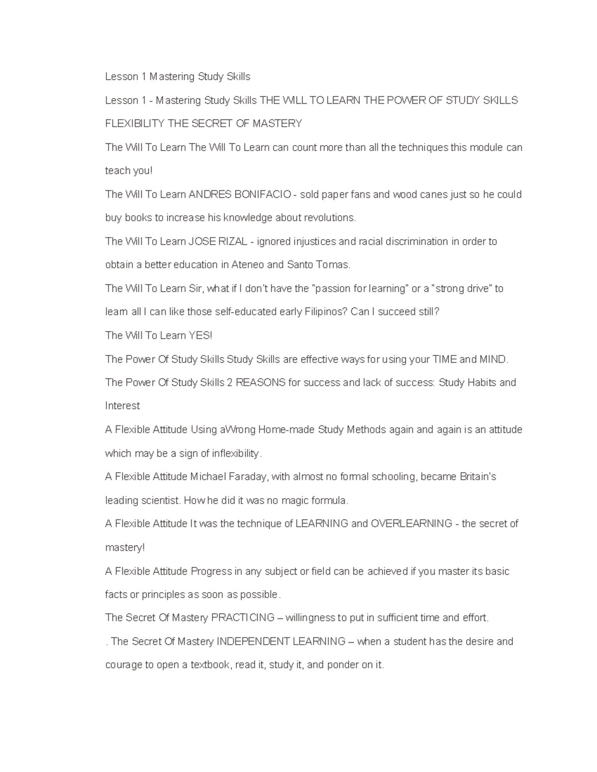 Mastering Study Skills - The Will To Learn JOSE RIZAL - ignored ...