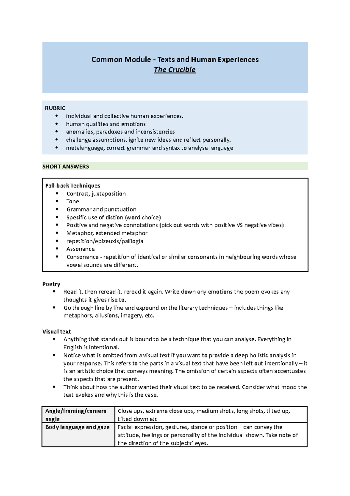 English Notes - Common module - Common Module - Texts and Human ...