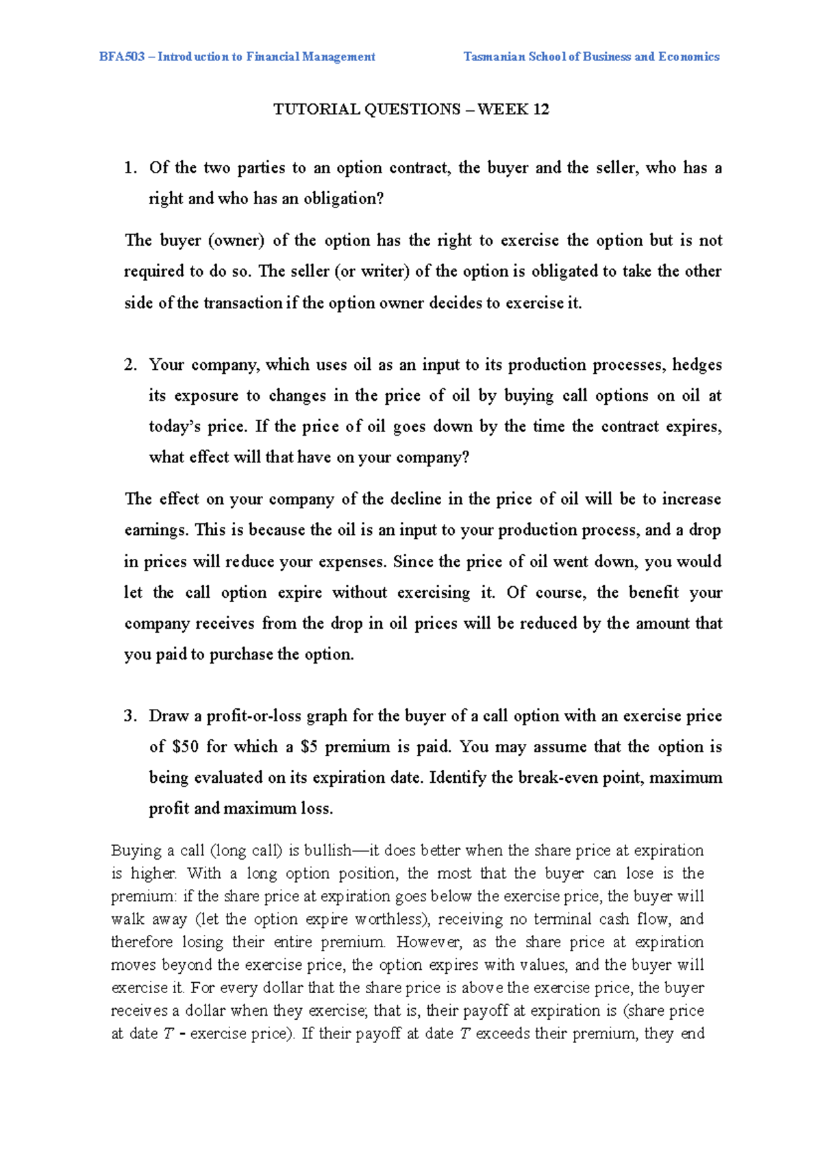 Tutorial solutions Week 12 - BFA503 – Introduction to Financial ...