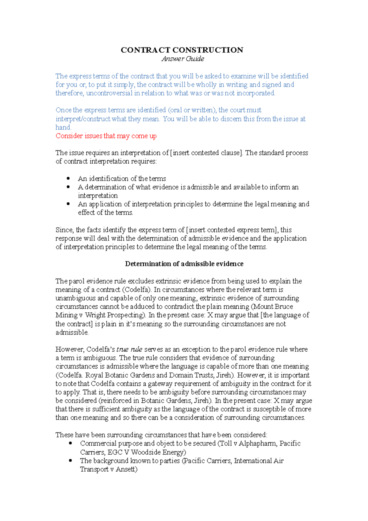 Contract Construction Guide - CONTRACT CONSTRUCTION Answer Guide The ...