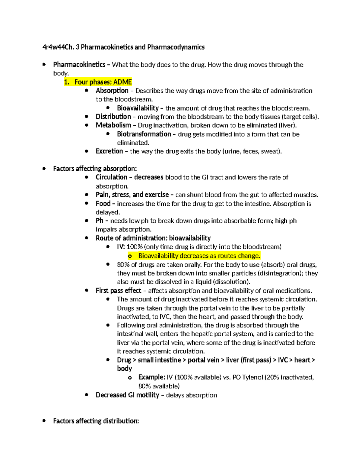 Aller NUR 210 Exam 1 Notes - 4r4w44Ch. 3 Pharmacokinetics and ...