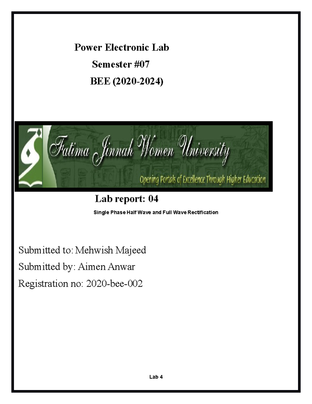 Lab4 - Power Electronic Lab Semester BEE (2020-2024) Lab report: 04 ...