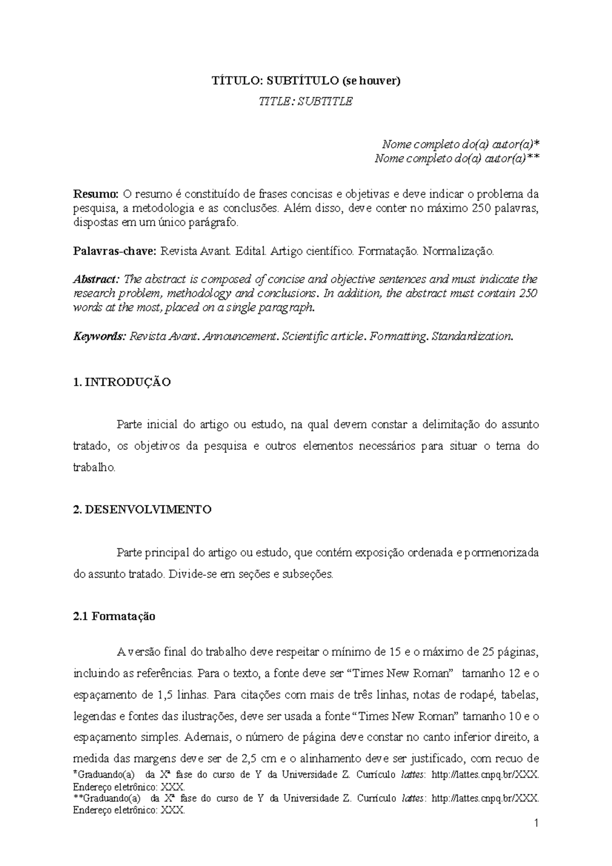 Modelo de Artigo Científico - TÍTULO: SUBTÍTULO (se houver) TITLE ...