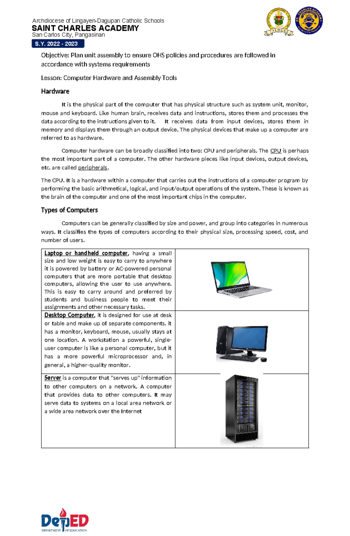 G11 TVL ICT Q1 L1 - San Carlos City, Pangasinan SAINT CHARLES ACADEMY S ...