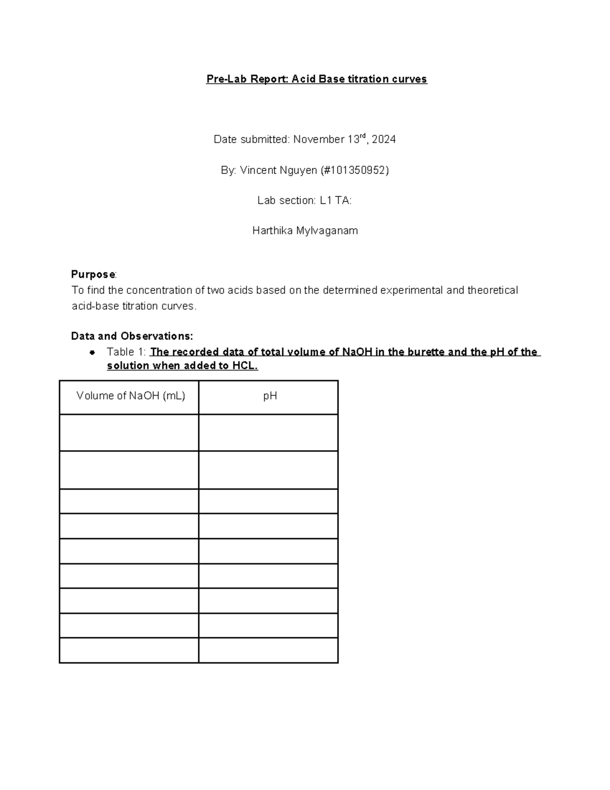 ECOR 1101 Chem AB Prelab - Pre-Lab Report: Acid Base titration curves ...