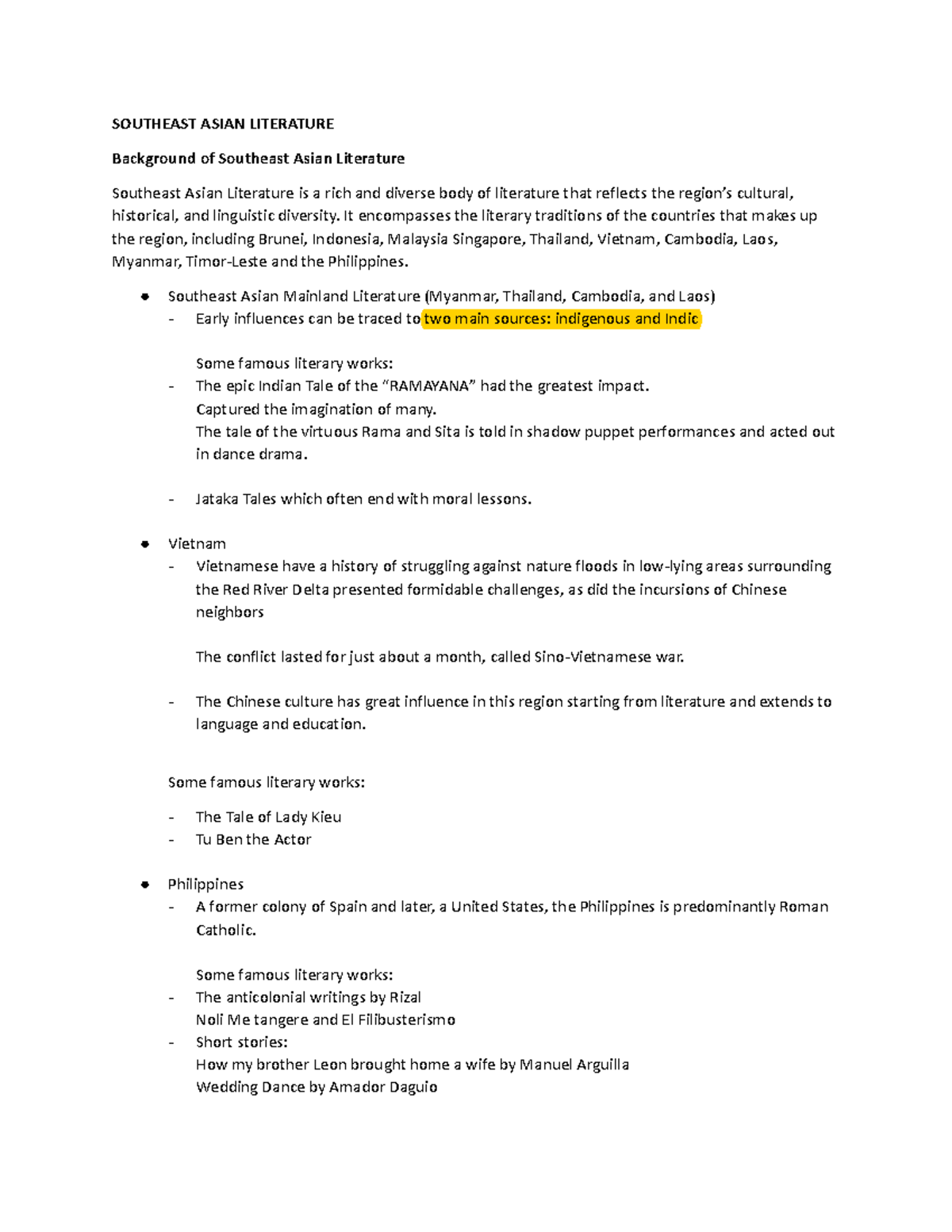 Southeast Asian TEXT OF Report - SOUTHEAST ASIAN LITERATURE Background ...