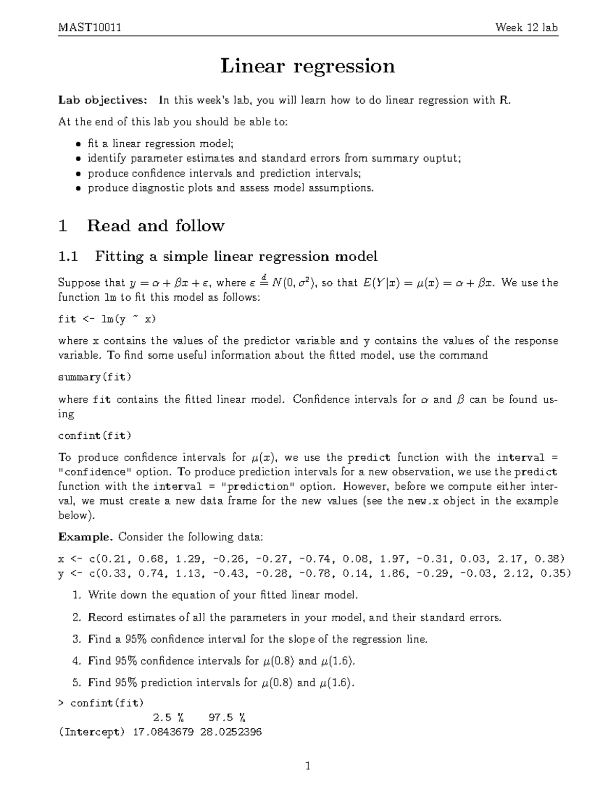 Lab wk12 - Experimental Design and Data Analysis Computer Lab Week 12 - Linear regression Lab ...