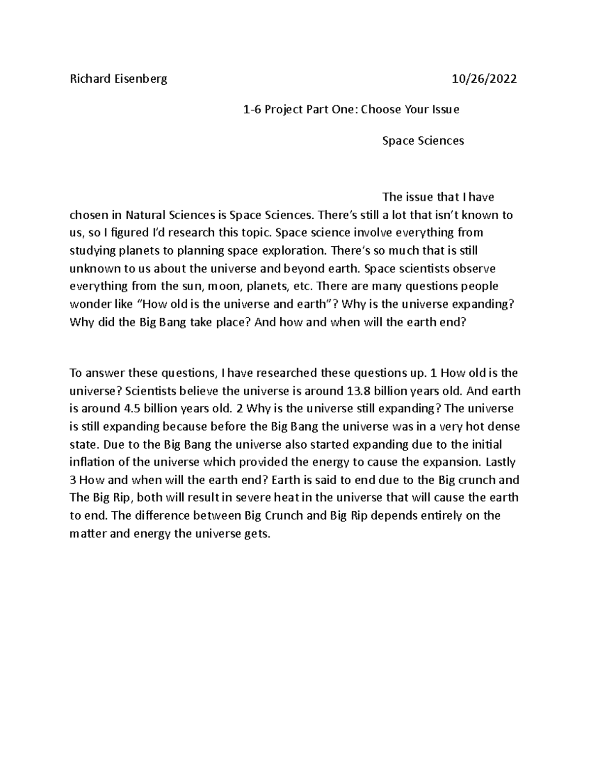 Sci 200 Project 1-6 - This assignment is based on Earth Science ...