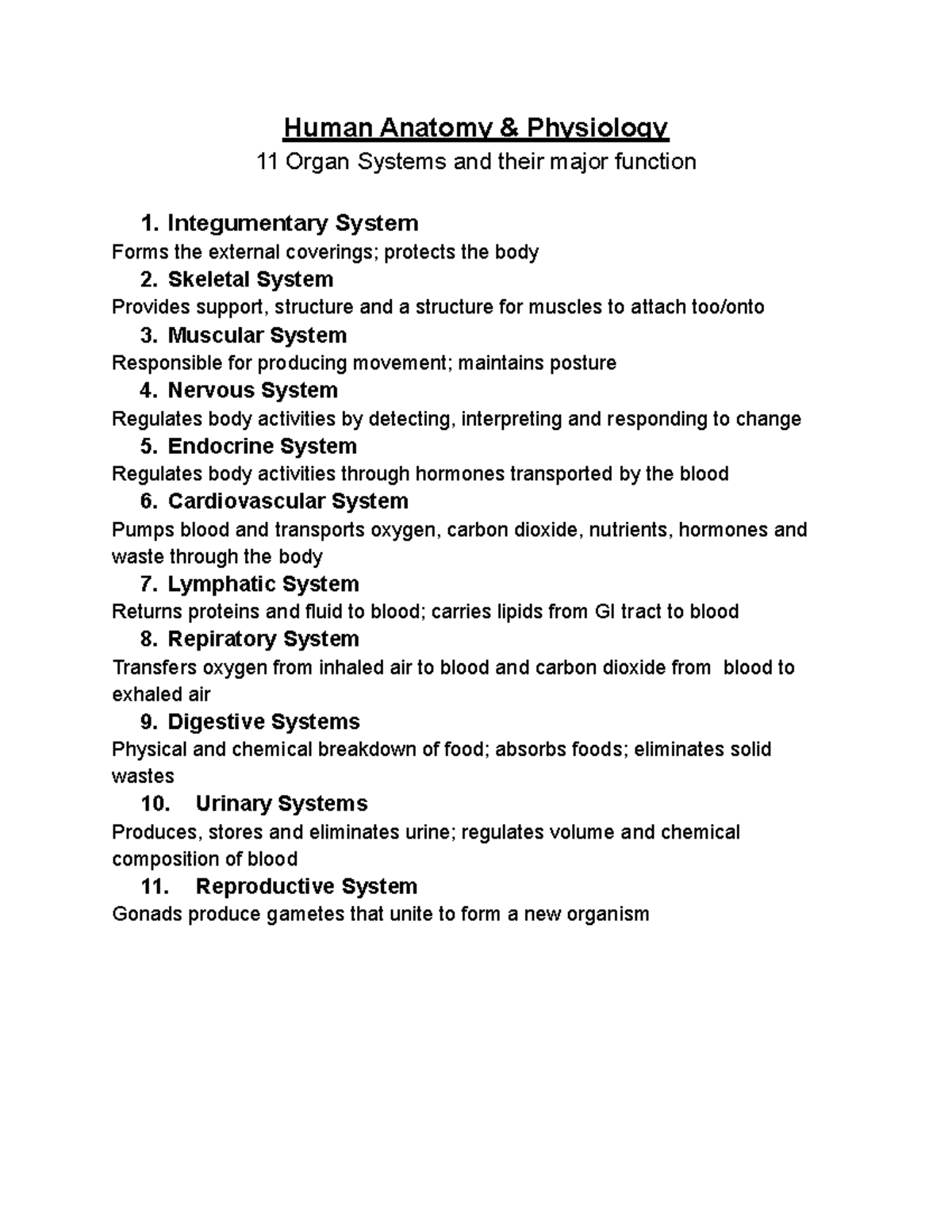 HAP Systems - Terminology - Human Anatomy & Physiology 11 Organ Systems and their major function ...
