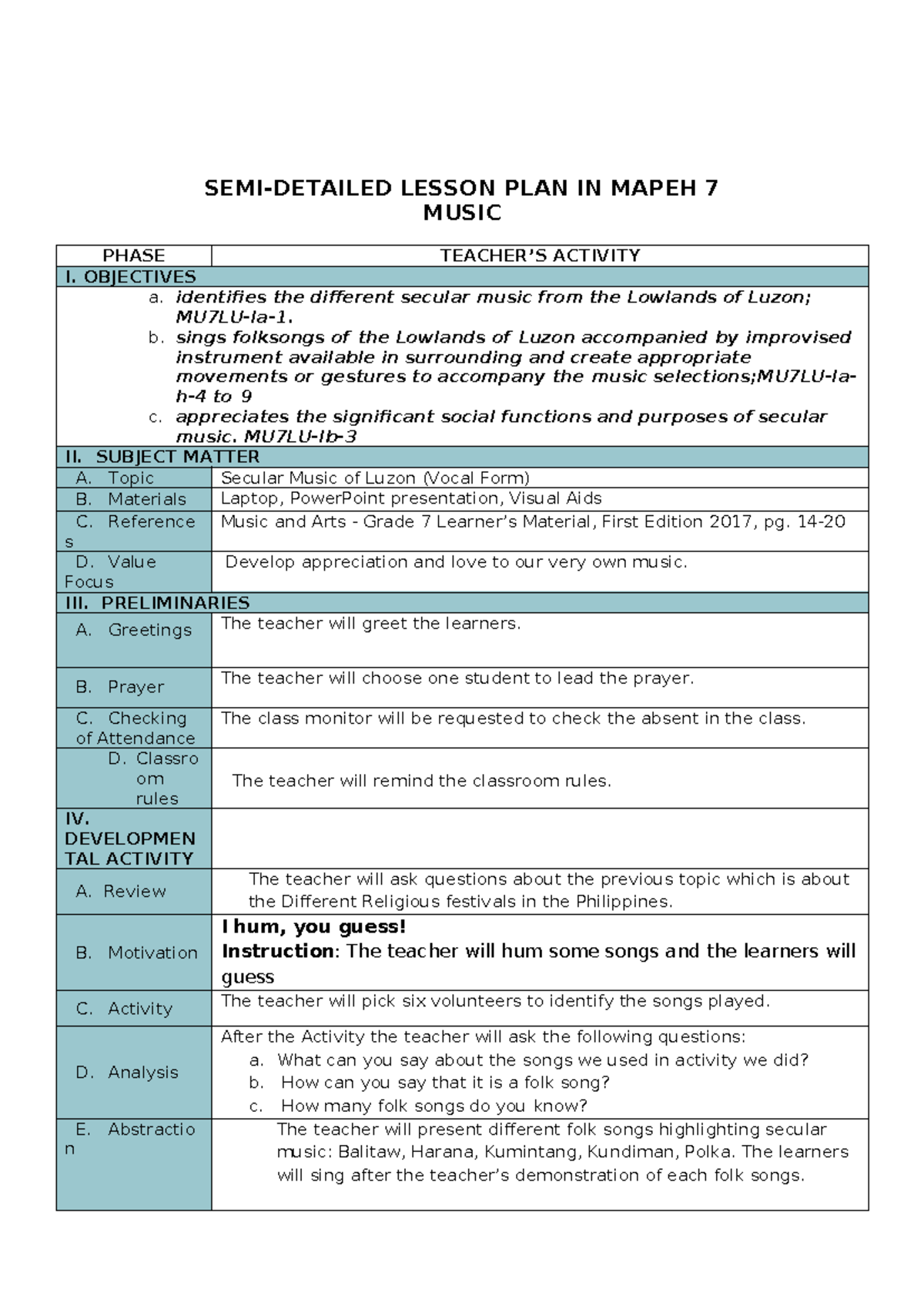 SEMI DETAILED LESSON PLAN DIFFERENT TYPES OF STRESS MAPEH7- EUSTRESS ...