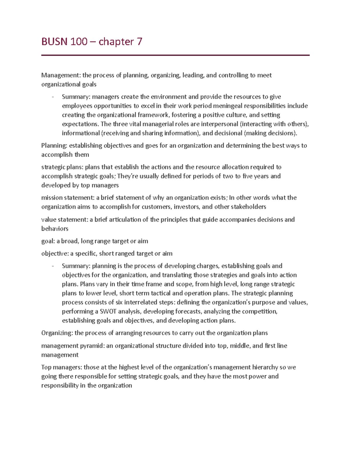 BUSN 100-chapter 7 notes - BUSN 100 – chapter 7 Management: the process ...