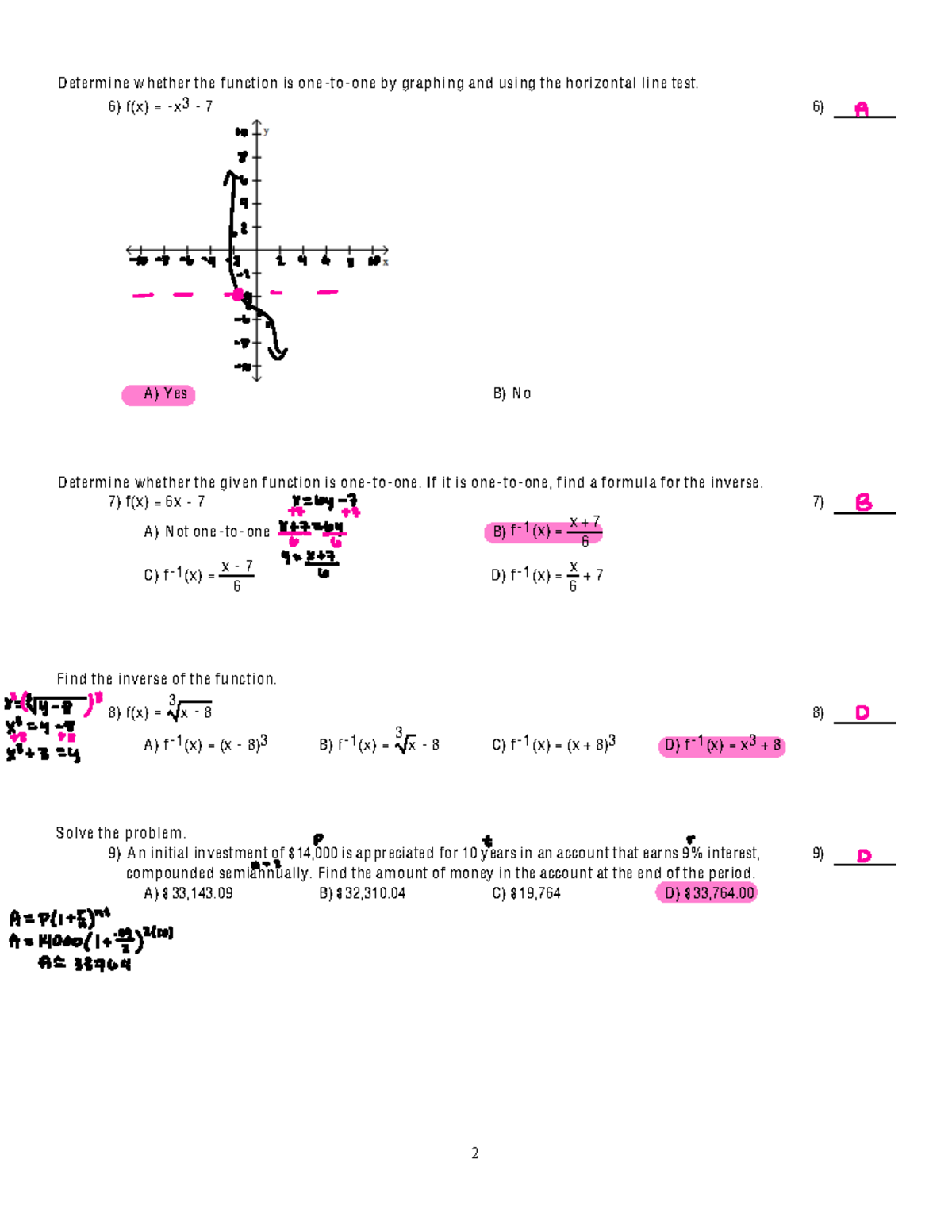 Class Notes - D etermine w hether the fu nction is one - to - one by ...
