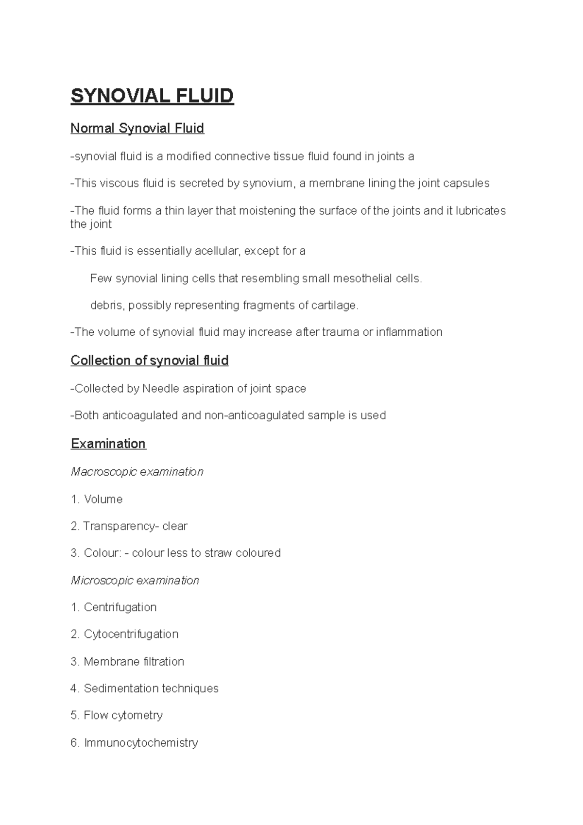 Synovial Fluid - It is lecture notes - SYNOVIAL FLUID Normal Synovial ...