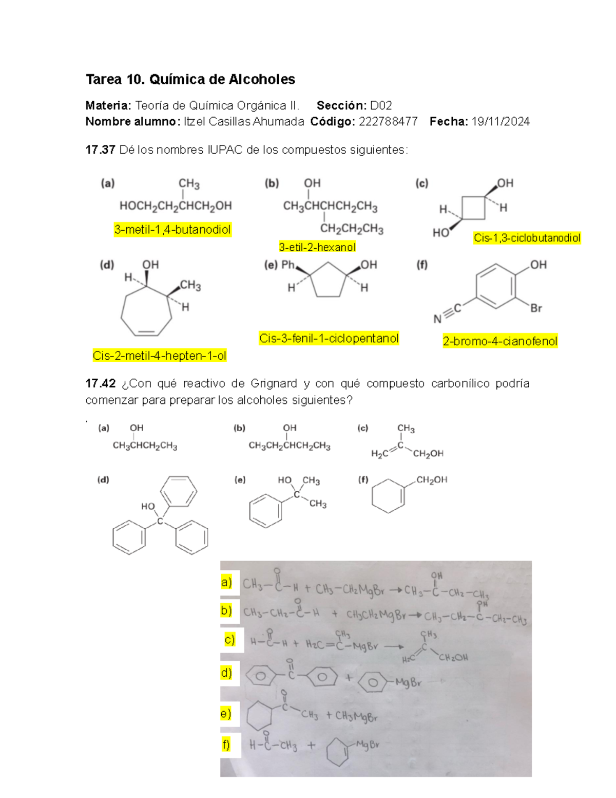 Tarea 10 Tqoii - Ejercicios - Tarea 10. Química de Alcoholes Materia: Teoría de Química Orgánica ...