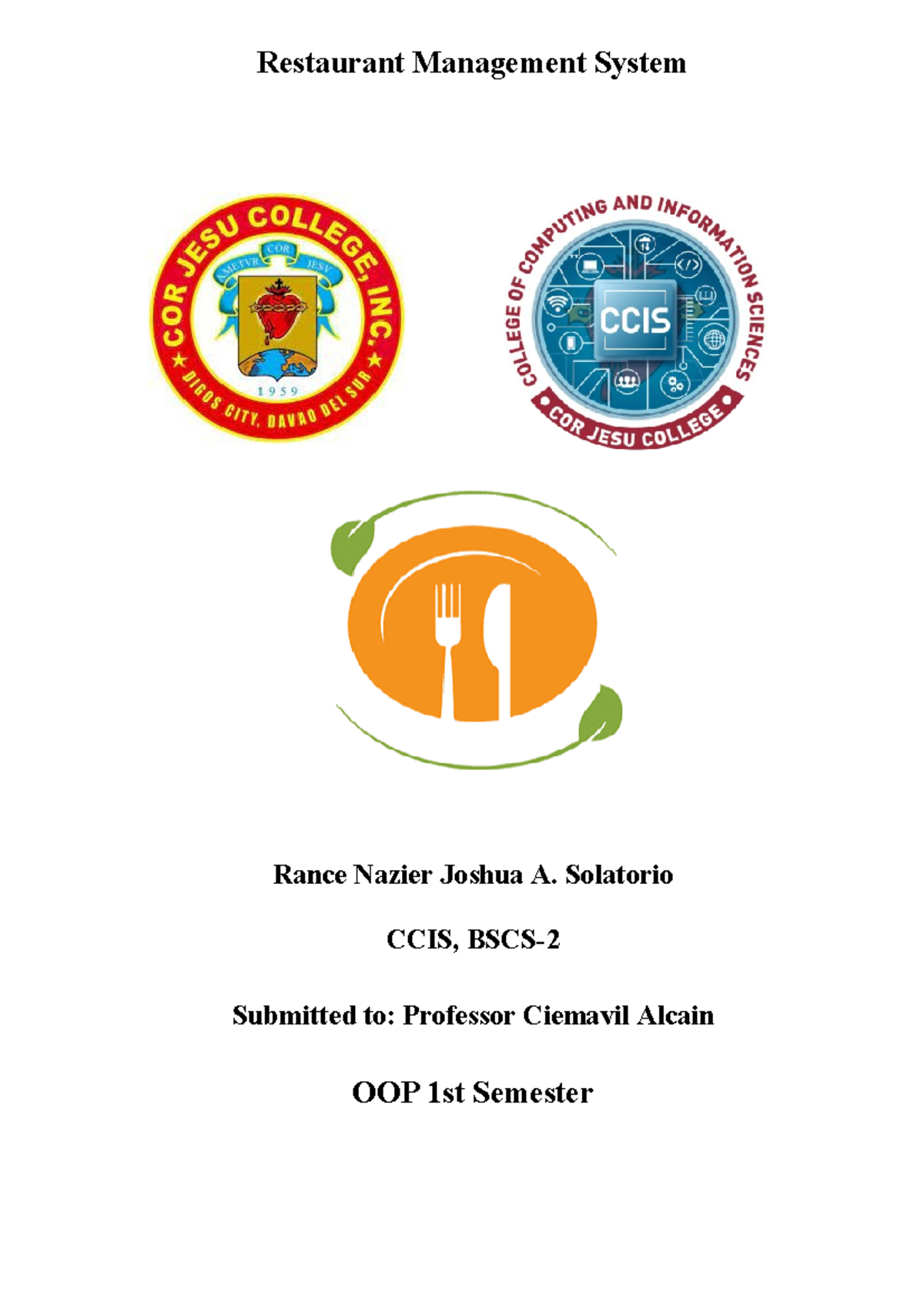 OOP Solatorio - Restaurant Management System Rance Nazier Joshua A ...