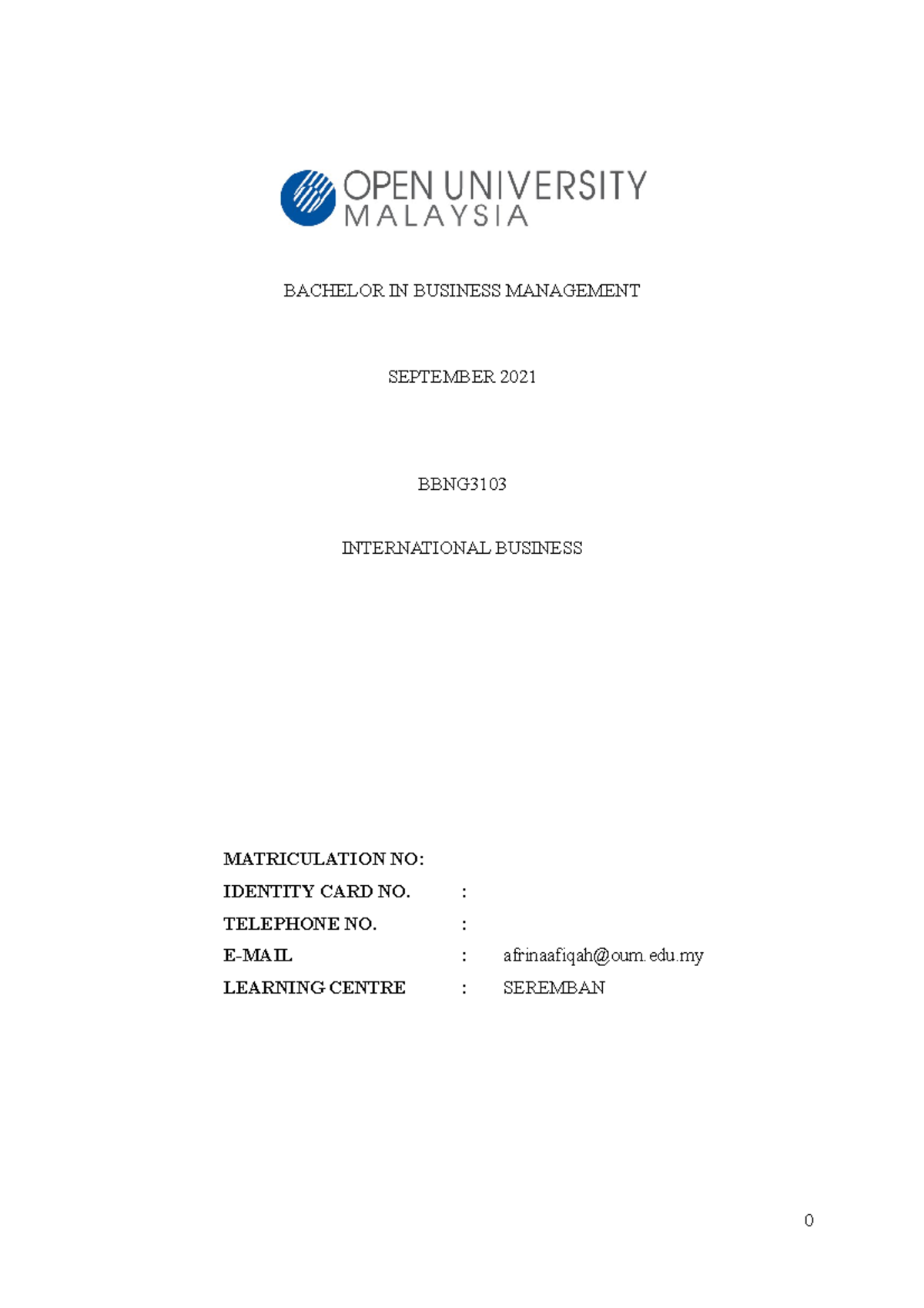 Assignment BBNG3103 - BACHELOR IN BUSINESS MANAGEMENT SEPTEMBER 2021 ...