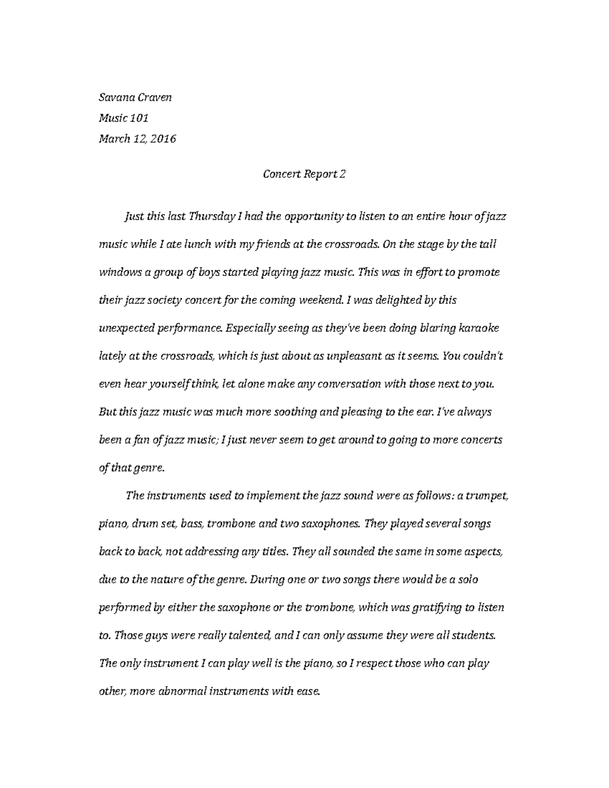 Music Concert 2 - Grade: A - Savana Craven Music 101 March 12, 2016 ...