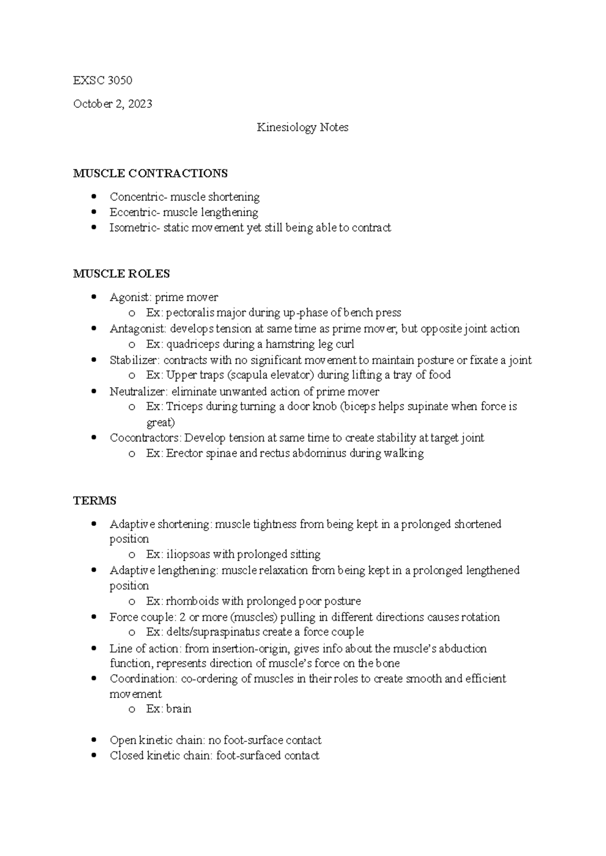 Kinesiology Study Guide - EXSC 3050 October 2, 2023 Kinesiology Notes ...