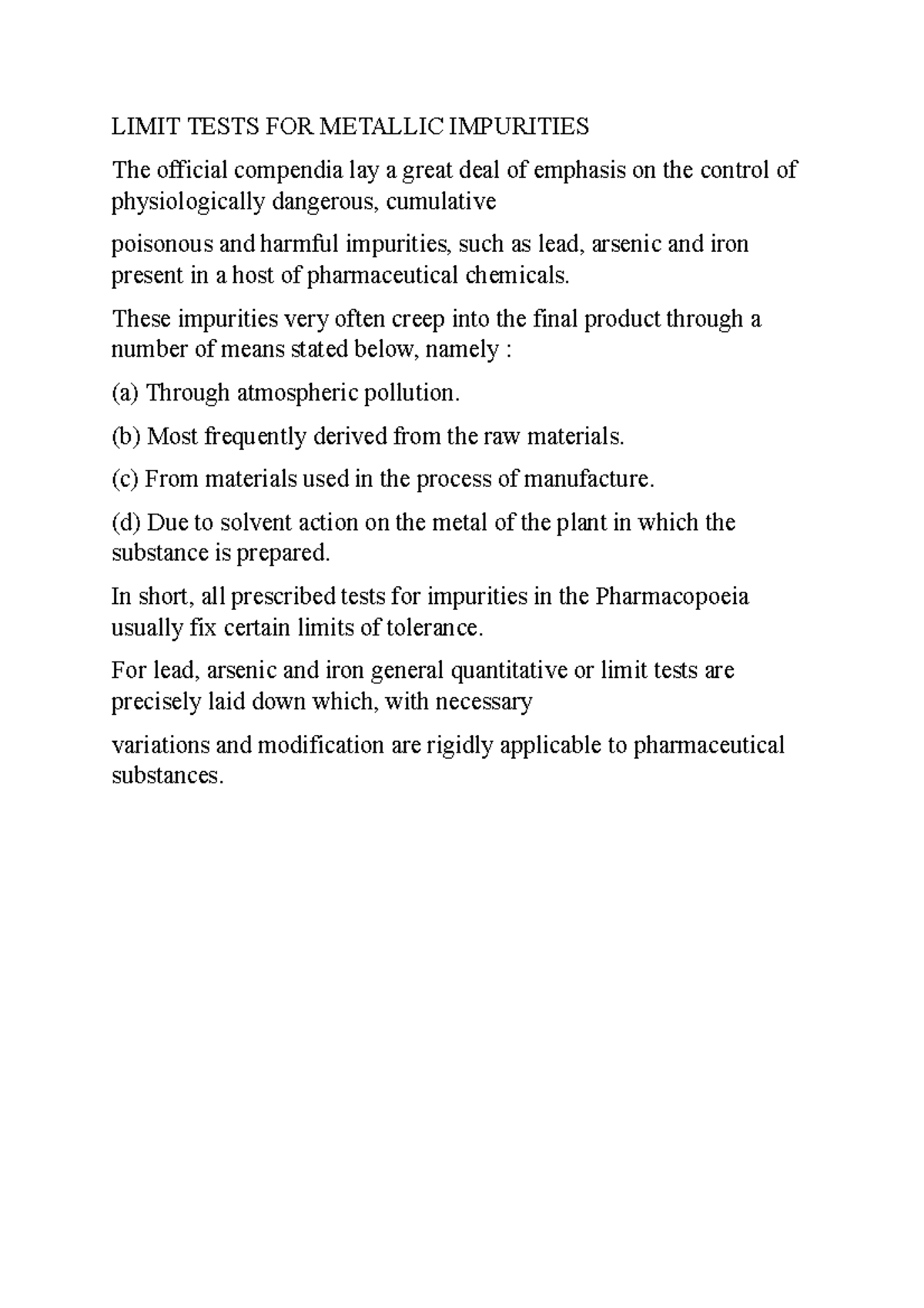 Limit Tests FOR Metallic Impurities - LIMIT TESTS FOR METALLIC ...