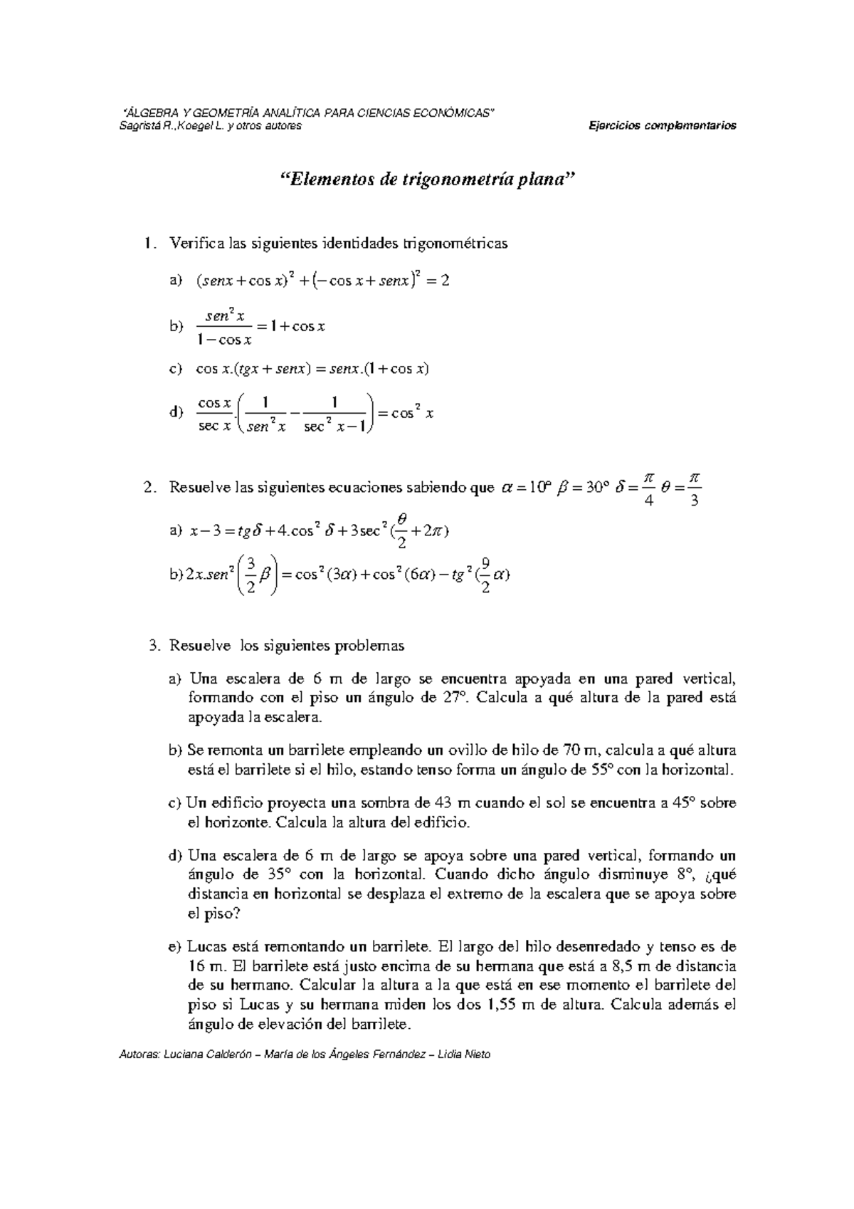 Elementos de trigonometria plana - “ÁLGEBRA Y GEOMETRÍA ANALÍTICA PARA CIENCIAS ECONÓMICAS ...