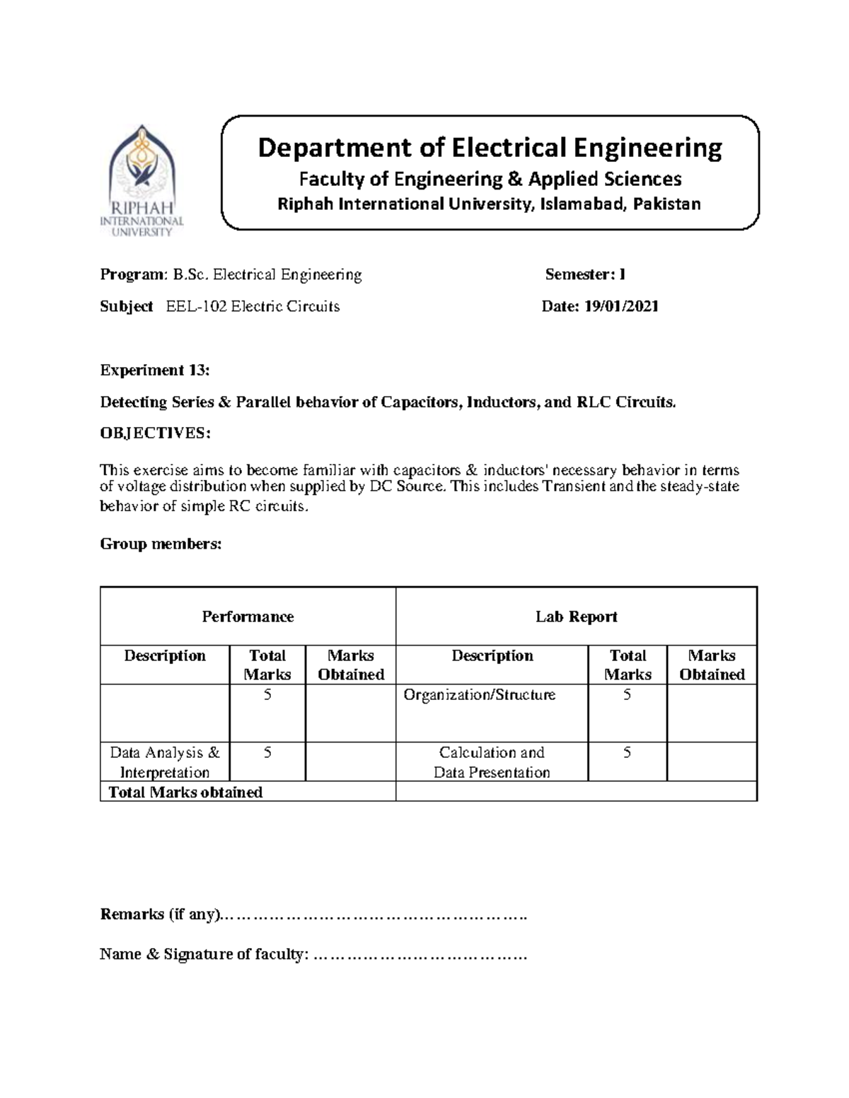 Electric Circuit Lab EEL-102 Report 13 - Program : B. Electrical ...