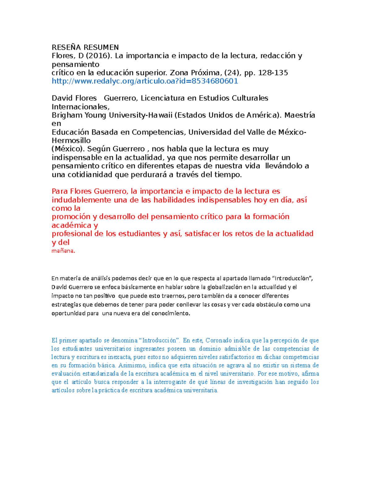 Reseña Resume David Flores Guerrero - RESEÑA RESUMEN Flores, D (2016 ...