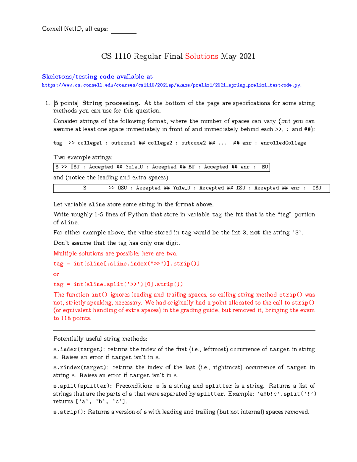 2021 spring final answers - CS 1110 Regular Final Solutions May 2021 ...