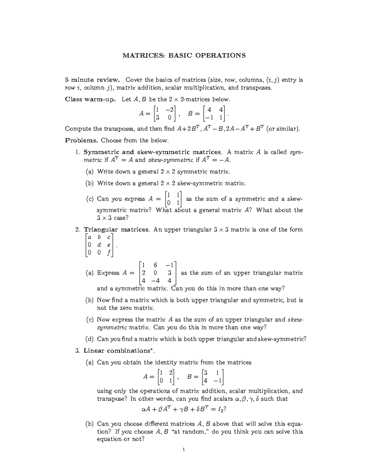 Matrices Basic Operations - MATRICES: BASIC OPERATIONS 5 minute review ...