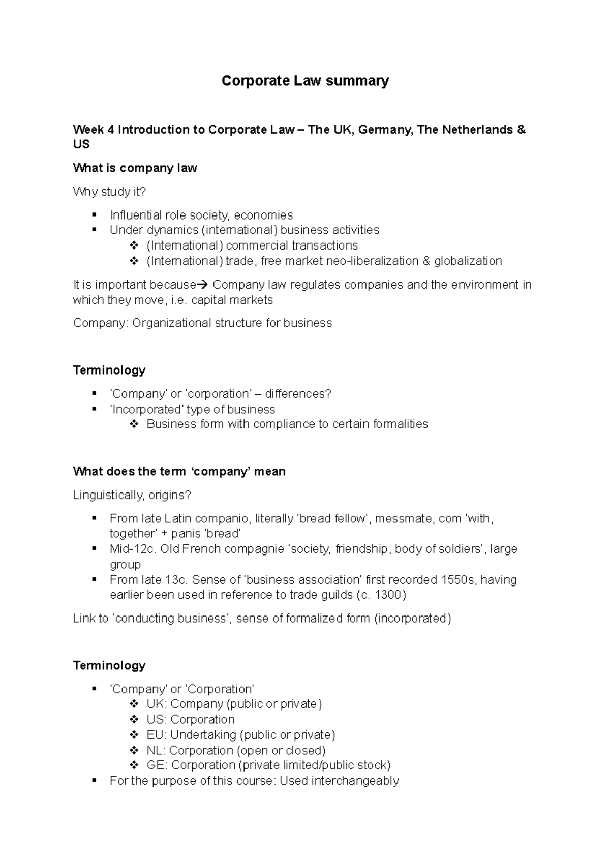 Corporate Law summary - Corporate Law summary Week 4 Introduction to Corporate Law – The UK ...