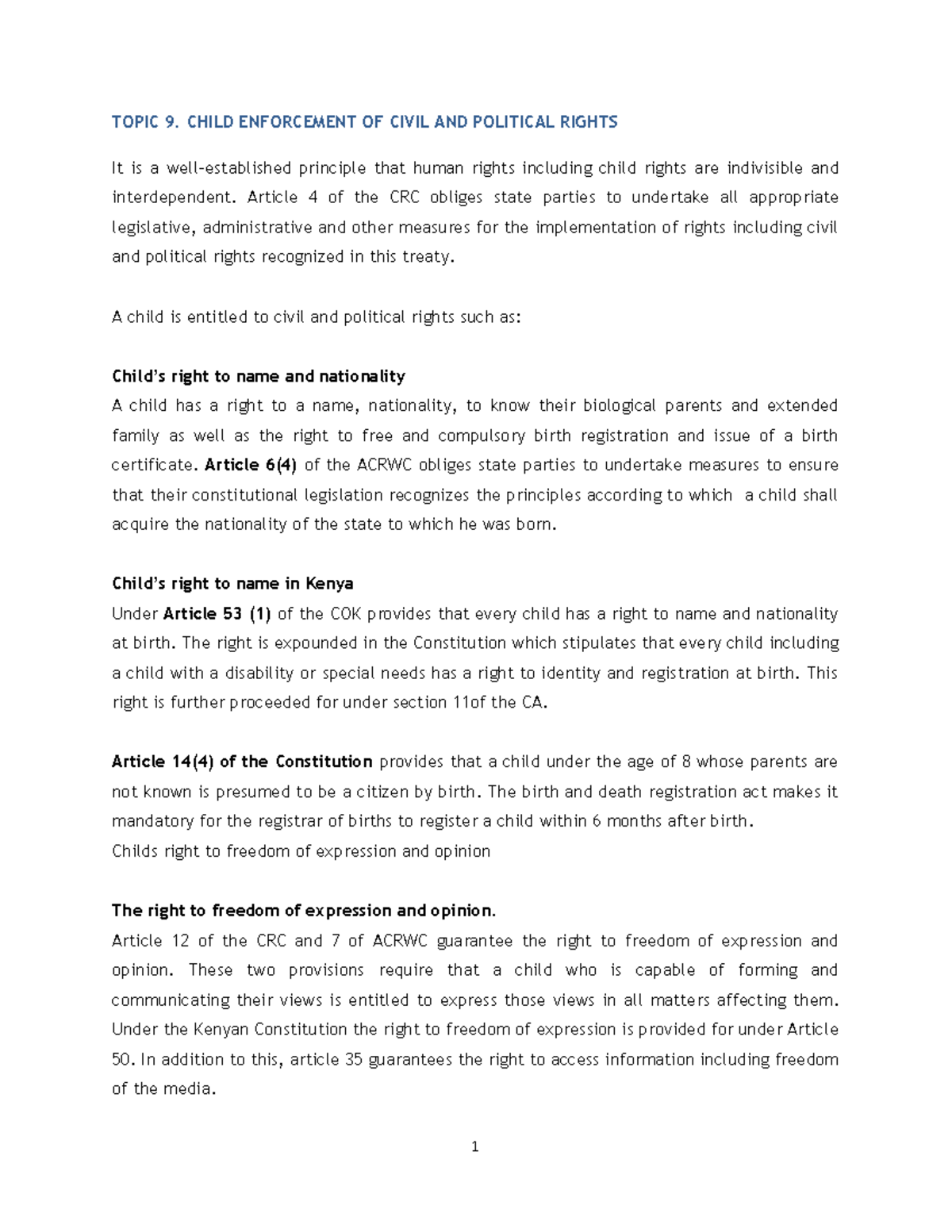 9. Child Enforcement OF Civil AND Political Rights - TOPIC 9. CHILD ...