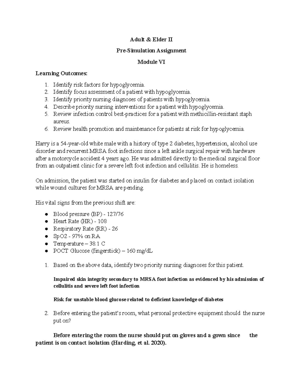 Pre sim Week 12 pdf - Pre sim assignment - Adult & Elder II Pre-Simulation Assignment Module VI ...