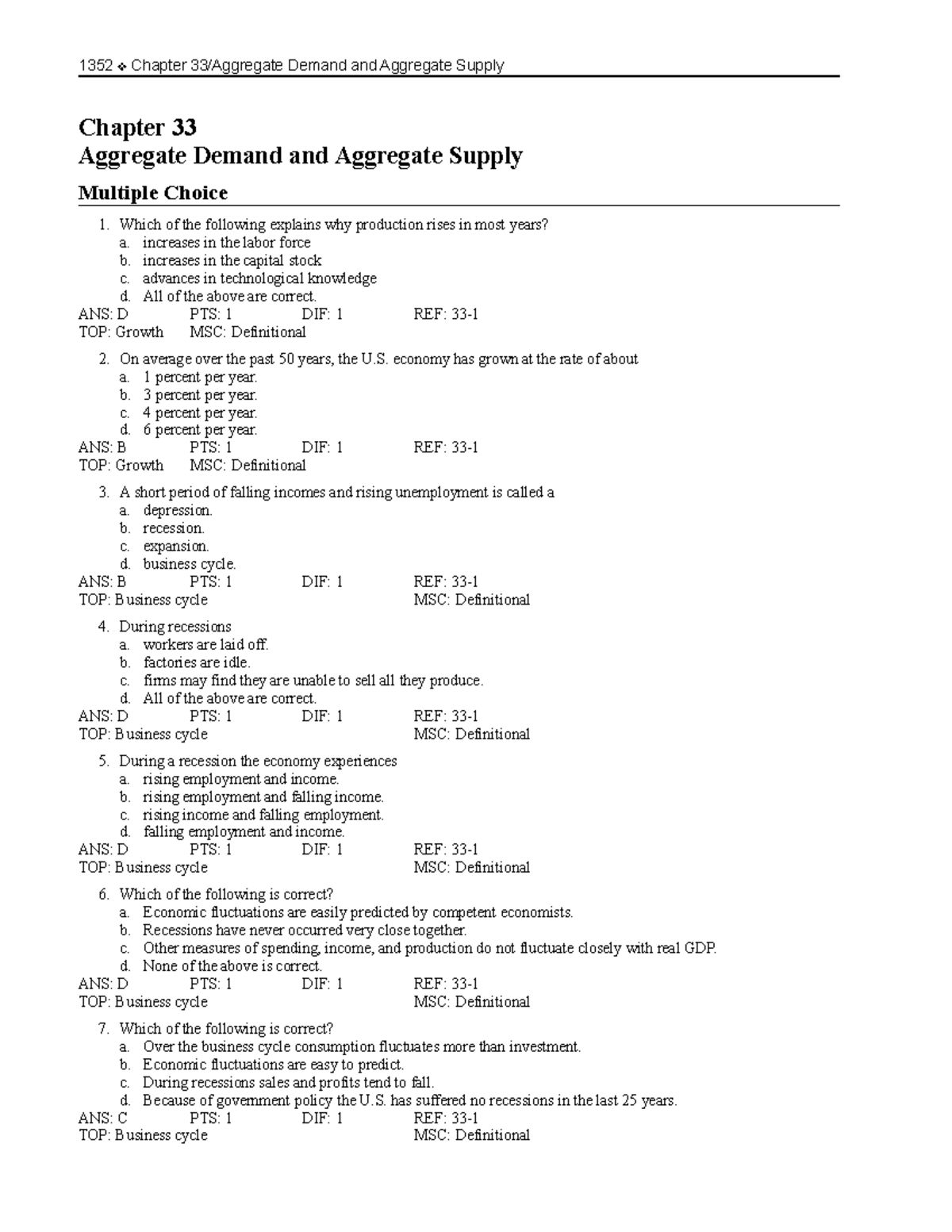 Aggregate Demand and Aggregate Supply, MCHQs - 1352 Chapter 33 ...