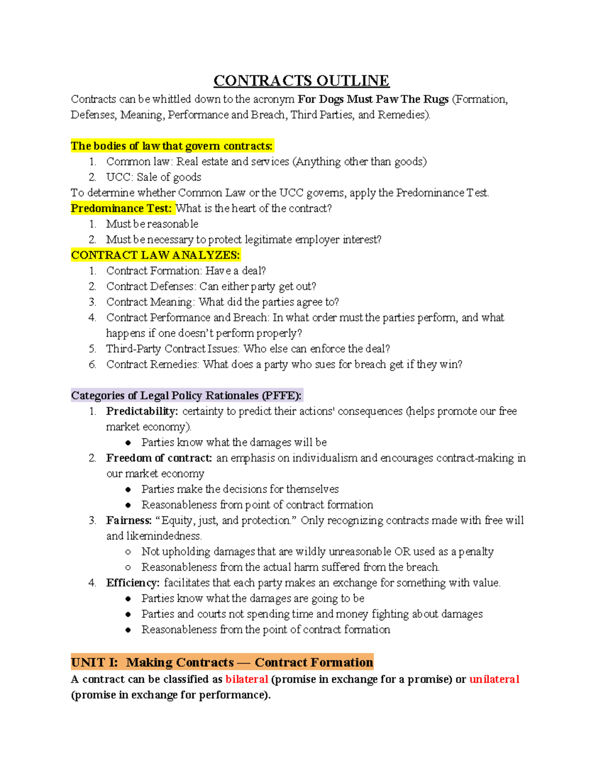 Contracts Outline - CONTRACTS OUTLINE Contracts can be whittled down to ...