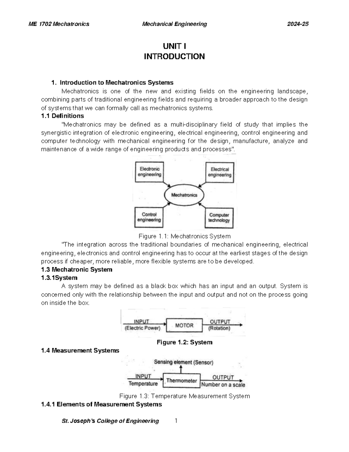 Mechatronics unit I - unit i introduction - UNIT I INTRODUCTION 1. Introduction to Mechatronics ...