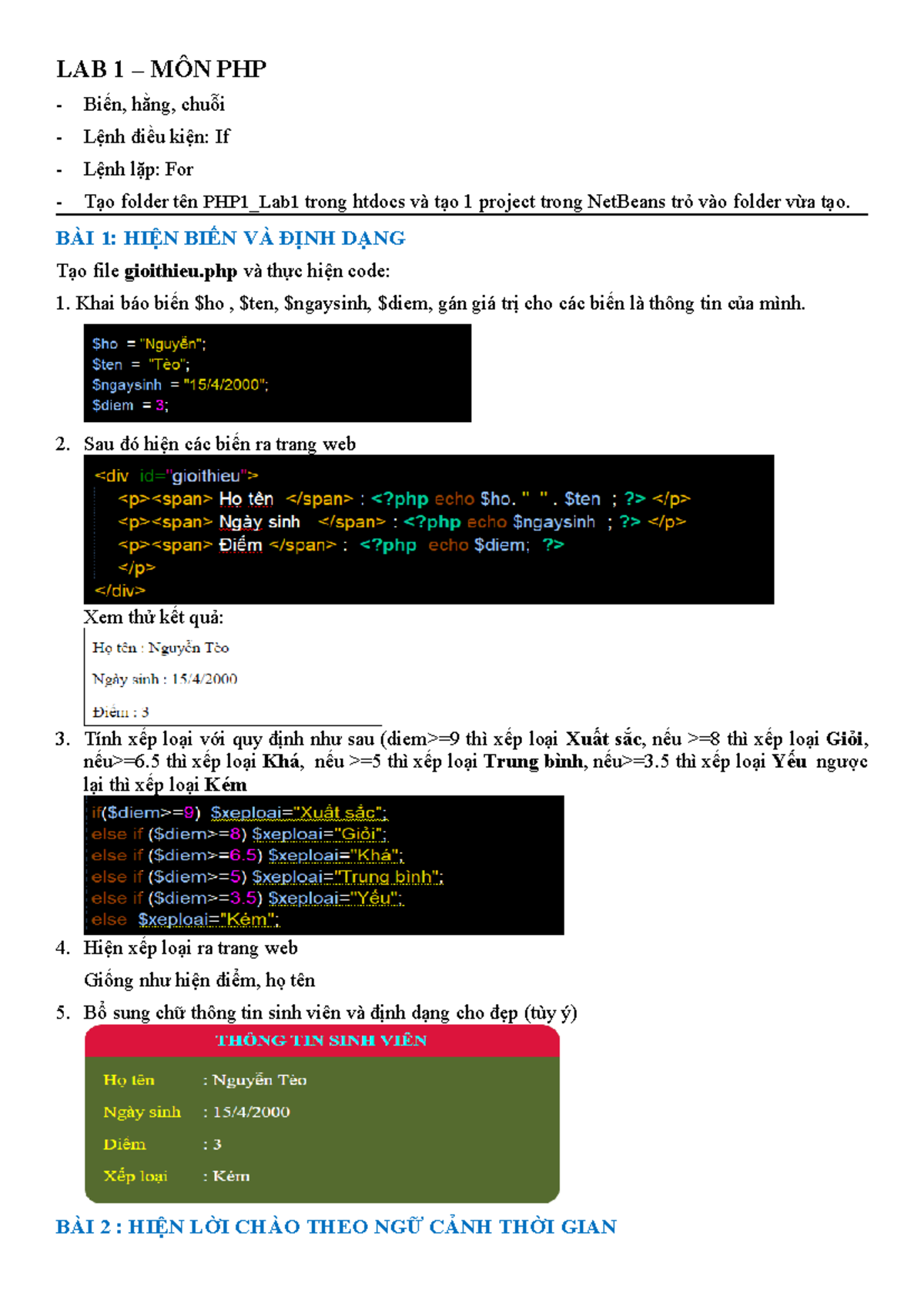 PHP1-Lab1 - ETE - LAB 1 – MÔN PHP - Biến, hằng, chuỗi - Lệnh điều kiện: If - Lệnh lặp: For - Tạo ...