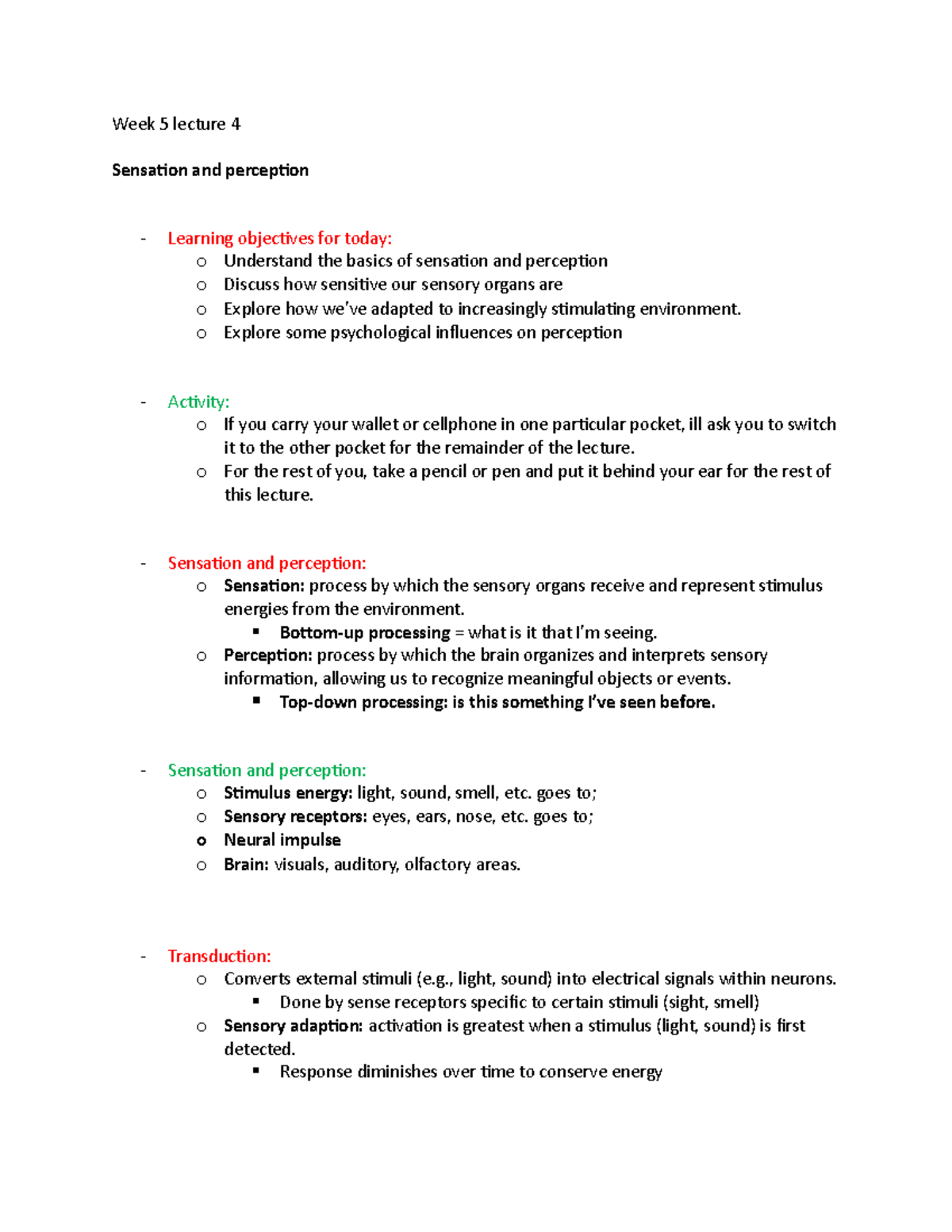Week 5 lecture 4 - psych practice - Week 5 lecture 4 Sensation and perception Learning ...