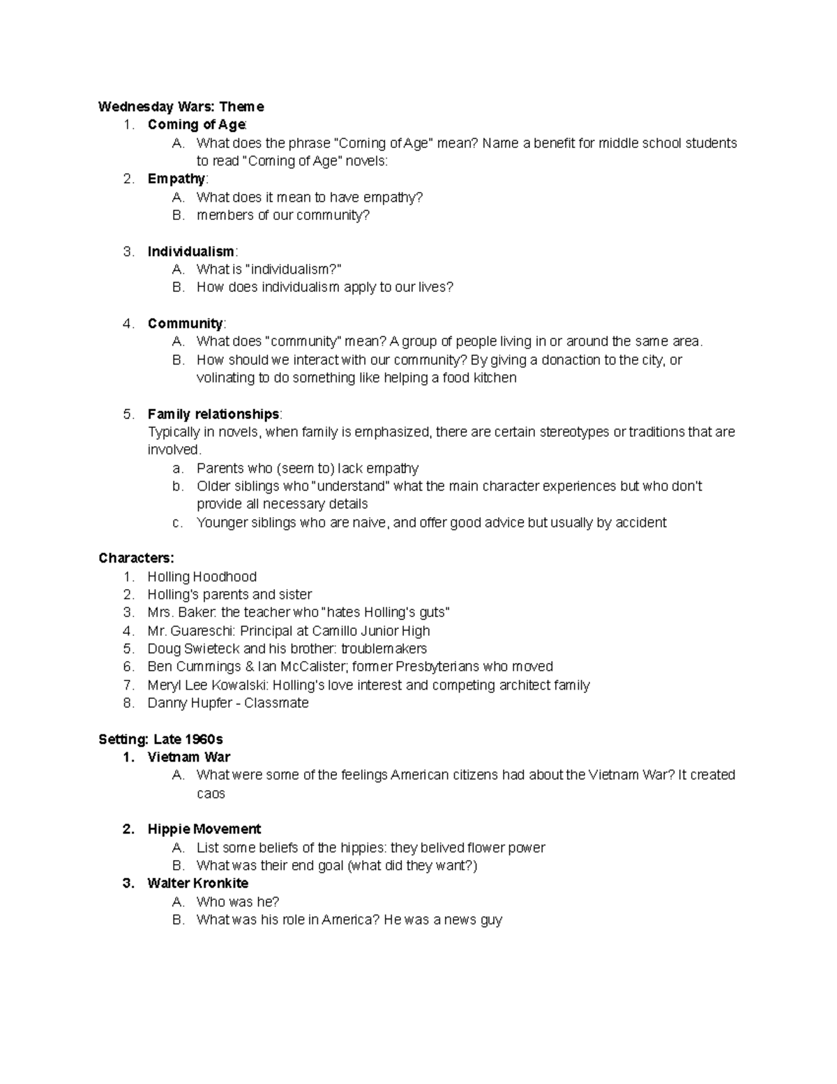 Wednesday Wars Themes and Characters - Wednesday Wars: Theme 1. Coming ...