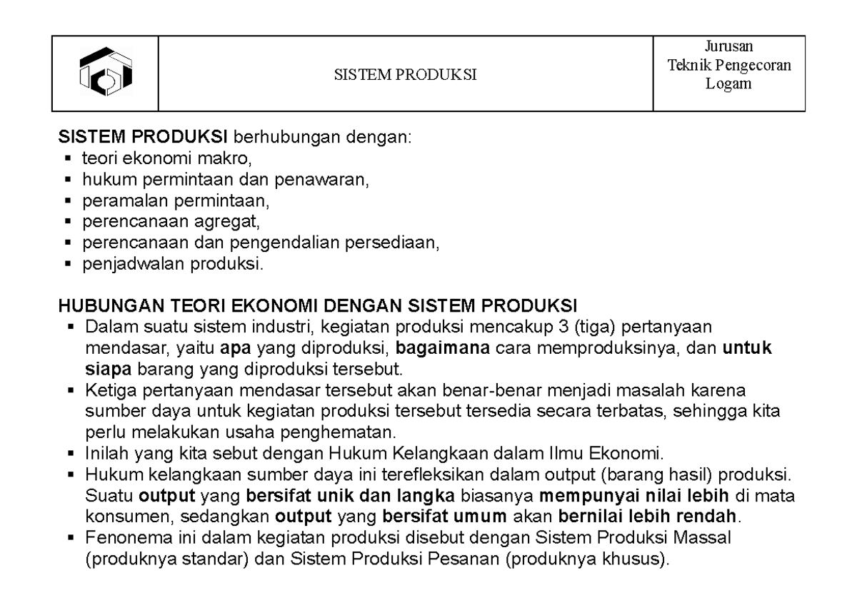 Transparansi Sisprod - Sistem Produksi - SISTEM PRODUKSI Teknik Pengecoran Logam SISTEM PRODUKSI ...